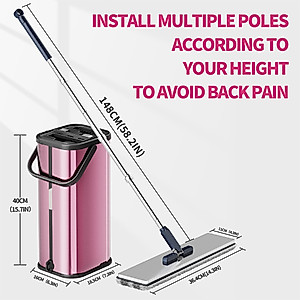 SWIFTIRON Flat Mop and Bucket for Home with Extra Refills, Stainless Steel Mop and Bucket with Wringer, Hands-Free Mop, Wet and Dry Use Mop with Long Handle (Purple)