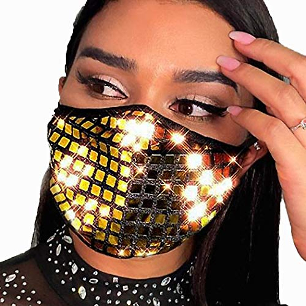 Barode Sparkly Sequins Mask Gold Crystal Face Cover Cotton Masquerade Masks Halloween Party Nightclub Face Masks Covering for Women and Girls (Gold)