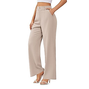 onlypuff Women's Wide Leg Work Pants High Waist Long Straight Trousers Business Trousers with Pocket Beige M