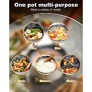 RUNHU Electric Hot Pot with Steamer, 4L Non-Stick Electric Frying Pan with Multi-Power Control, 3.1" Depth Multifunctional Cooker with Overheating Protection for Shabu Shabu, Noodles, Sauté (White)