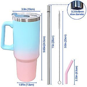 40 oz Tumbler with Handle and Straw-Stainless Steel Insulated Tumbler with Straw, Water Bottle with Straw and Handle, Insulated Cup with Handle Keeps Cold for 34Hrs or Hot for 10Hrs（Pinkblue)