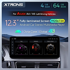 XTRONS 12.3 Inch Android 13 Car Stereo for Audi A4 S4 RS4 A5 S5 RS5 B8, IPS Touch Screen 4+64GB Global 4G Car Radio GPS Navigation Support Wireless Car Play Android Auto
