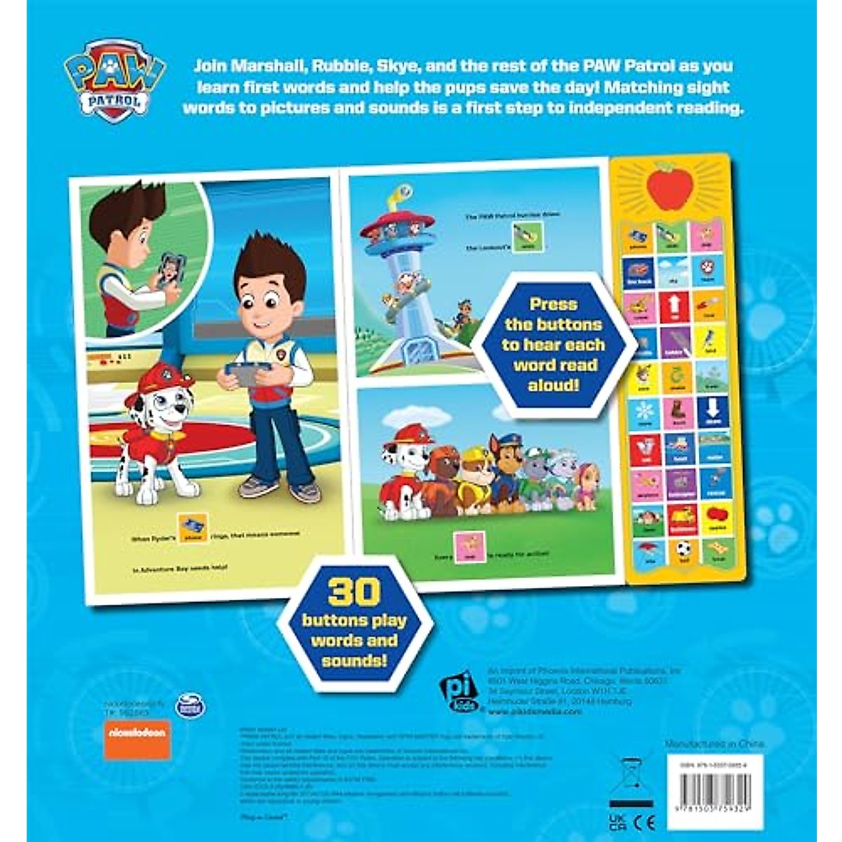 PAW Patrol Chase, Skye, Marshall, and More! First Words 30-Button Sound Book Great for Early Learning PI Kids