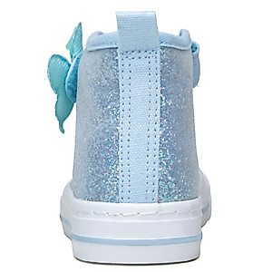 Toandon Kids Girls Sneakers Glitter Sparkle Shoes Toddler Child Slip On High Top Toddler Adjustable Hook Loop Straps Velcro Non-Slip Lightweight Sequins Blue Butterfly Size 2