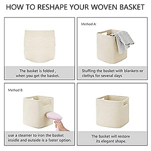 UBBCARE Set of 3 Cotton Rope Basket 11 X 10.5 X 10.5 Inches，Storage Baskets for Shelves, Woven Baskets for Organizing with Handles, Cube Storage Bins for Storage Books, Magazines, Toys, Beige