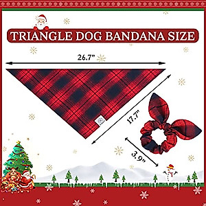 Christmas Dog Bandanas & Matching Scrunchie Set Plaid Dog Bandana Scarf Bibs with Bow Hair Ties for Pet Owner & Medium Large Dogs Red