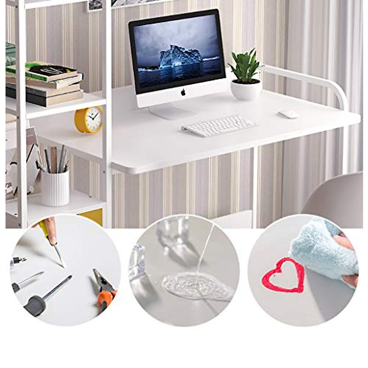 TOPYL Modern Writing Desk with Hutch and 4 Tier Bookshelves,Computer Desk with 2 Drawers,Pc Laptop Sturdy Office Desk Workstation for Home