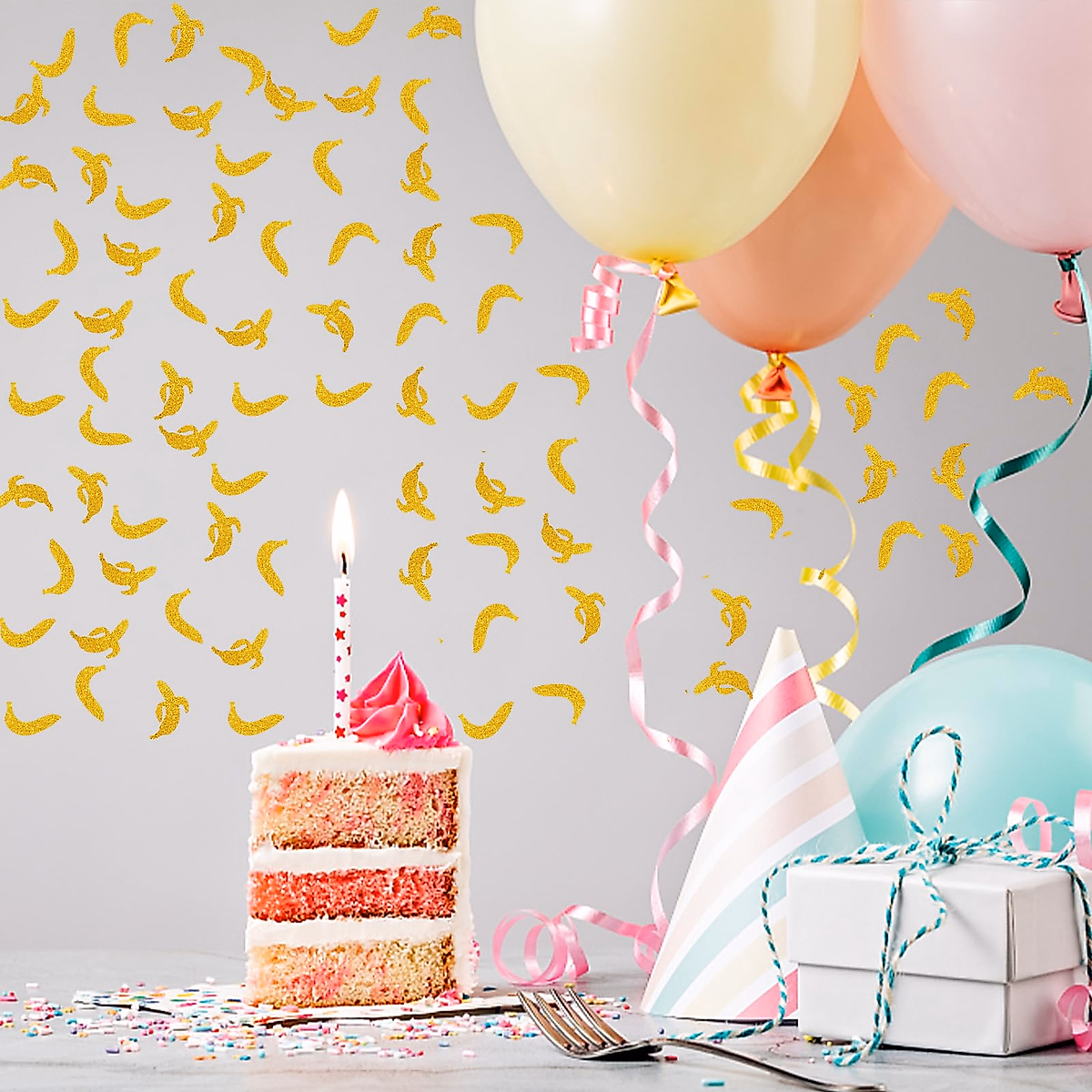 100pcs Banana Confetti, Gold Glitter Banana Table Confetti for Baby Shower, Banana Paper Scatters, First Birthday/Tropical Party Table Decoration