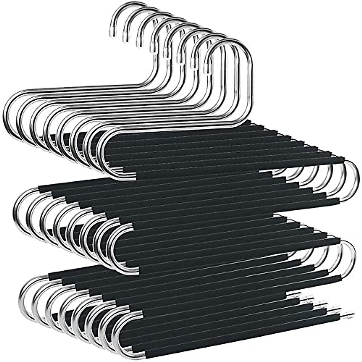 8pcs Pants Hangers S-Type Jeans Trousers Hangers Stainless Steel Clothes Hangers Closet Space Saving for Pants Jeans Scarf Organizer (Black with 10 Clips)