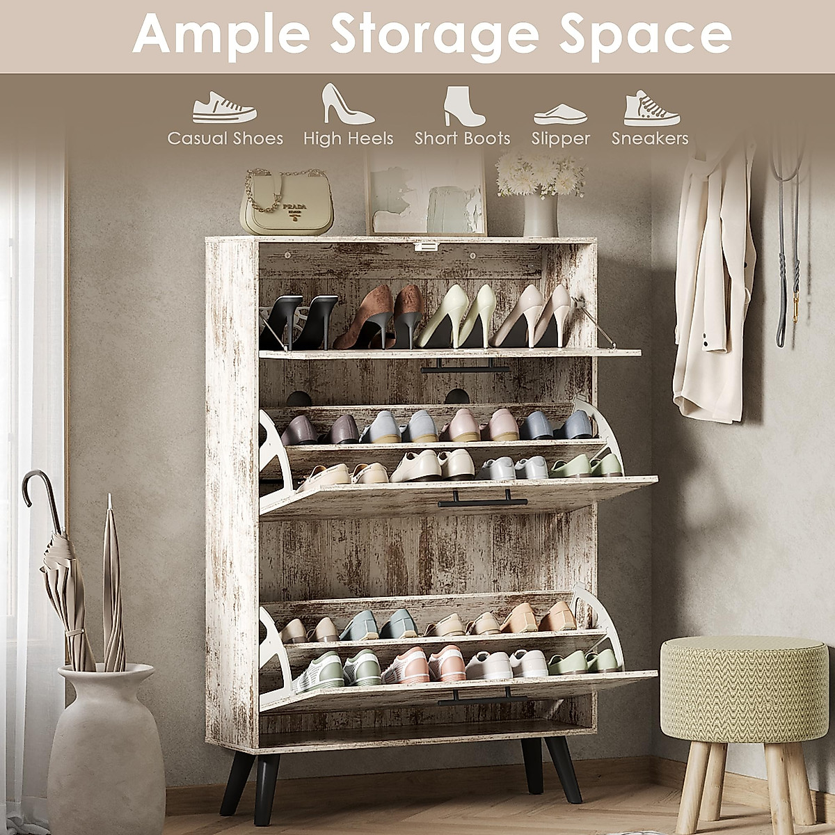 MU Shoe Cabinet Storage for Entryway, Shoe Organizer with 2 Flip Drawers, Hidden Shoe Cabinet, Slim Enclosed Shoe Rack, White