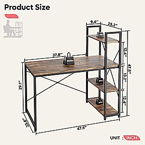 Bestier Computer Desk with Shelves - 47 Inch Small Space Home Office Desks with Bookshelf for Study Writing and Work - Plenty Leg Room and Easy Assemble, Rustic Brown