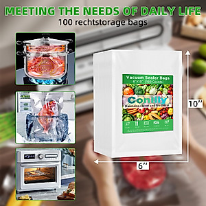 Conilly Vacuum Sealer Bags,100 Quart Size 6" X 10" Commercial Grade Sealer Bag, Bpa Free, Heavy Duty, Puncture Prevention, Great for Food Storage, Meal Prep or Sous Vide Cooking
