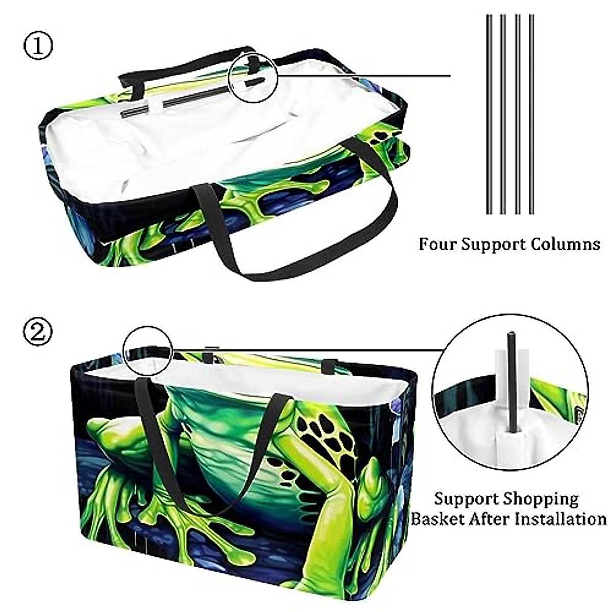 Reusable Grocery Bags Boxes Storage Basket, Red Eye Frog Pattern Collapsible Utility Tote Bags with Long Handle