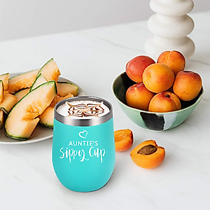 Gifts for Aunt Auntie's Sippy Cup Wine Tumbler with Lid, Birthday Mothers Day Gifts for Aunts New Aunt Gift from Niece Nephew, Funny Insulated Stainless Steel Stemless Tumbler with Straw (12 Oz, Mint)