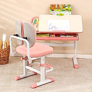 Costzon Kids Desk and Chair Set, Height-Adjustable Student Study Desk with Tiltable Desktop, Book Stand, Ergonomic Chair with Footrest, Writing Table & Chair Set for Boys Girls (Pink)