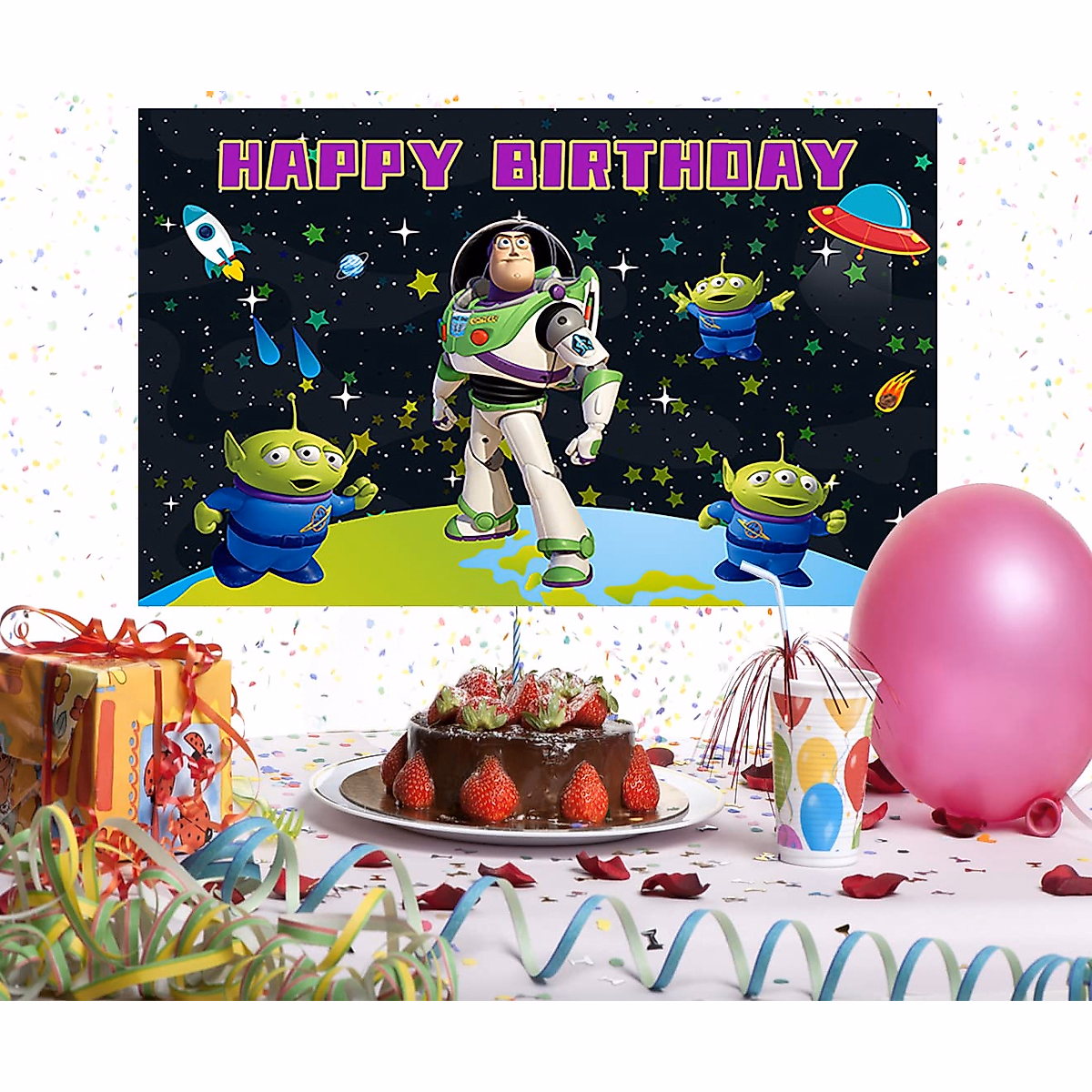 Cartoon Buzz Lightyear Backdrop for Party Supplies 5x3ft Outspace Photo Backgrounds Buzz Lightyear Theme Baby Shower Banner for Cake Table Decoration Green