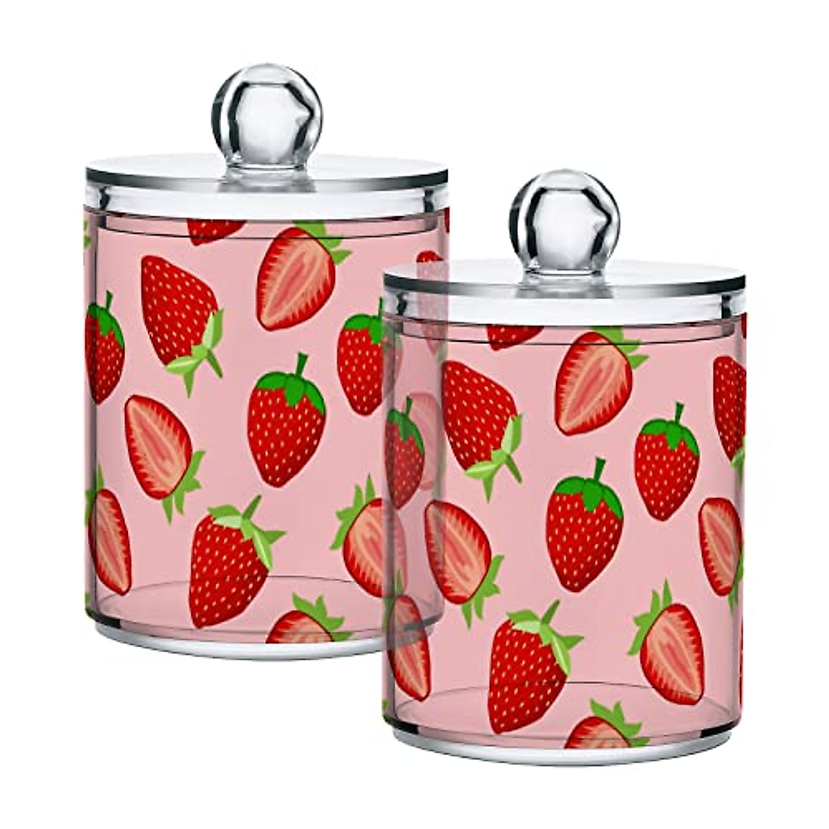 Vnurnrn Clear Plastic Jar Set for Cotton Ball, Cotton Swab, Cotton Round Pads, Floss, Strawberry Pattern with Berries Bathroom Canisters Storage Organizer, Vanity Makeup Organizer,2Pack