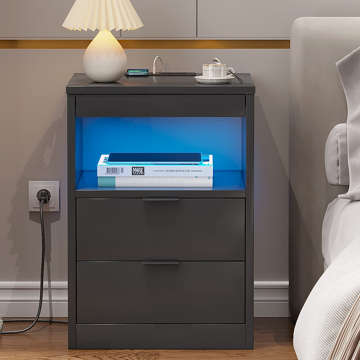 ADORNEVE LED Nightstand White Nightstand with Wireless Charging Station 2 Drawers, Modern Bedroom End Side Table with LED Lights, Wooden Sofa Bedside Table with Pull-Out Shelf