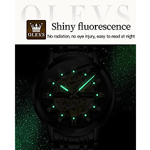 OLEVS Men’s Black Skeleton Watch Automatic Mechanical Self Winding Luxury Dress Stainless Steel Waterproof Luminous Wrist Watches