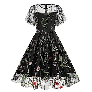 Mesh Floral Embroidery Dress for Women Flutter Sleeve Embroidered Dress Illusion Sweetheart Formal Tulle Evening Dress 50's Vintage Cocktail Party Dress Mesh Sleeve Prom Dress Black-Ruffle Sleeve XXL
