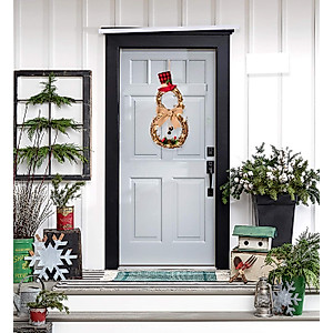 DearHouse 16 x 8 Inch Lighted Christmas Wreath Decoration, Grapevine Wreath with Hat and Bow Snowman Shape Wreath for Front Door Home Garden Wall Decor