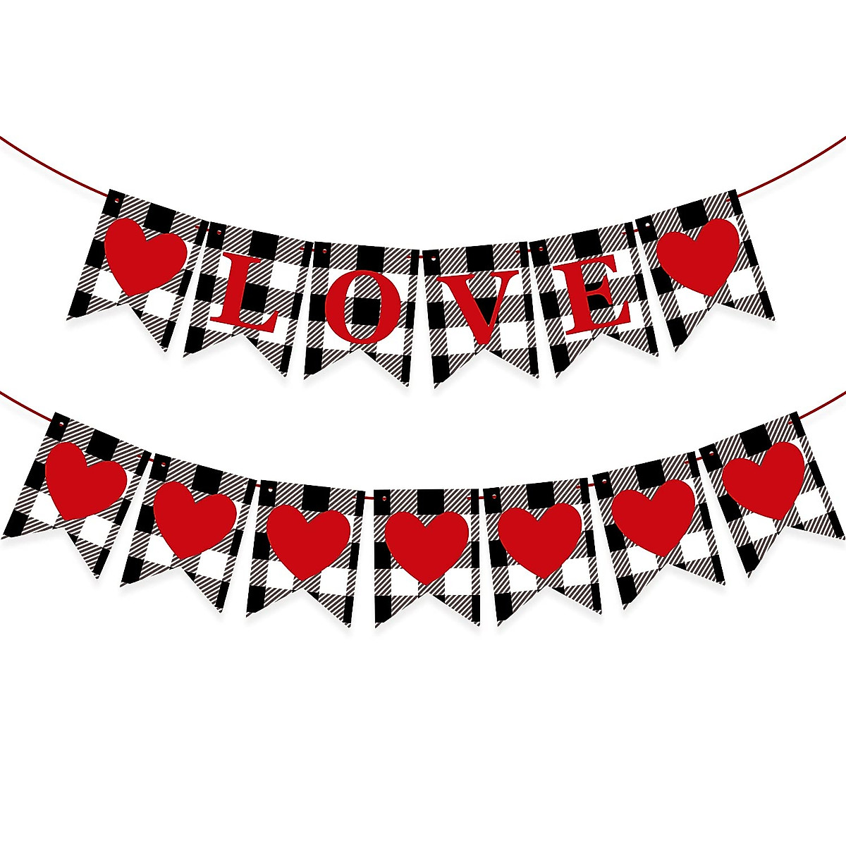 DUDOU Valentine's Day Love Banner Red Heart Buffalo Plaid Garlands Black White Hanging Bunting Sign Home Mantel Party Decorations