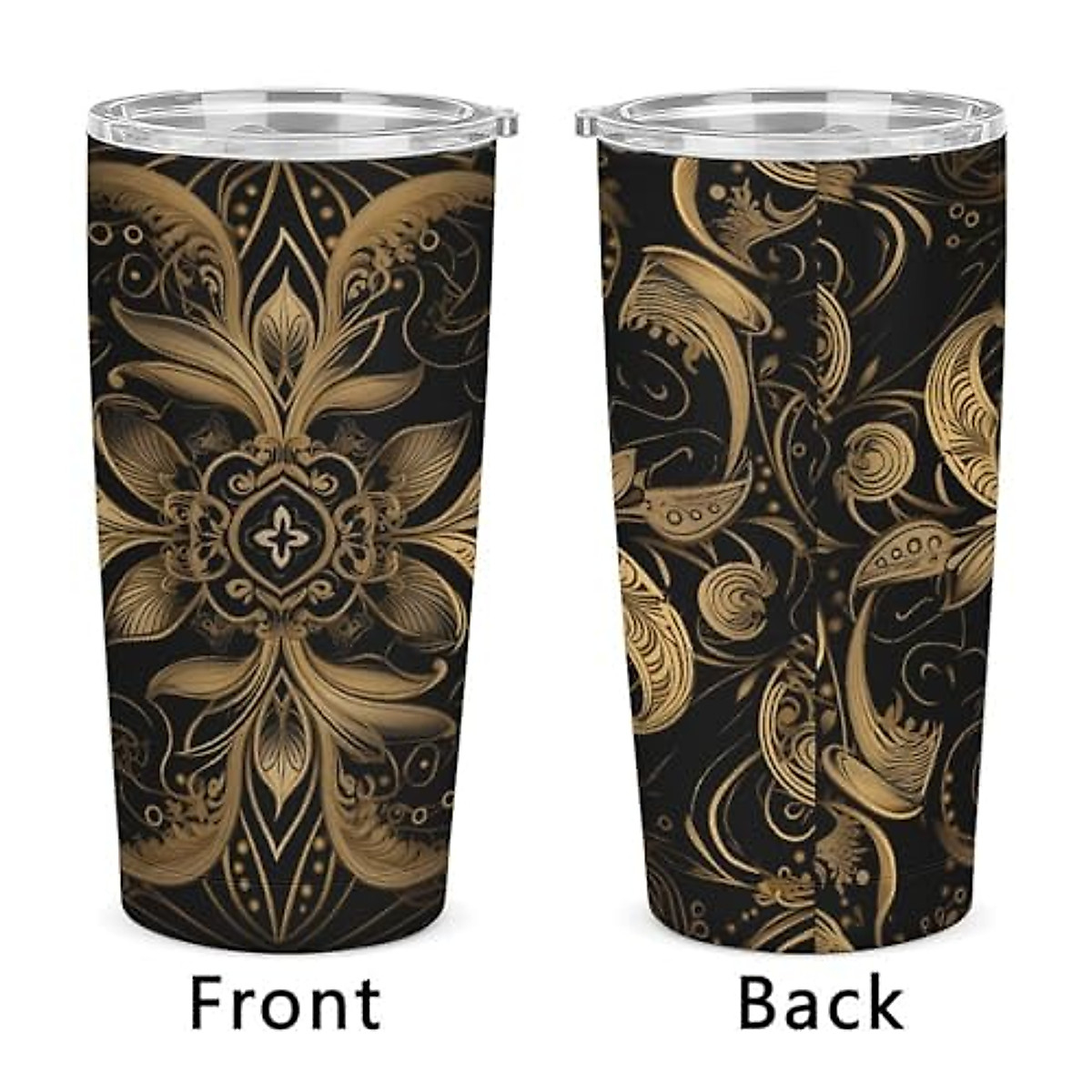 FHENMSA Stainless Steel Insulated Travel Coffee Mug,Black And Golden Pattern Print Reusable Car Cup,Thermal Cup for Outdoor with Straw And Lid