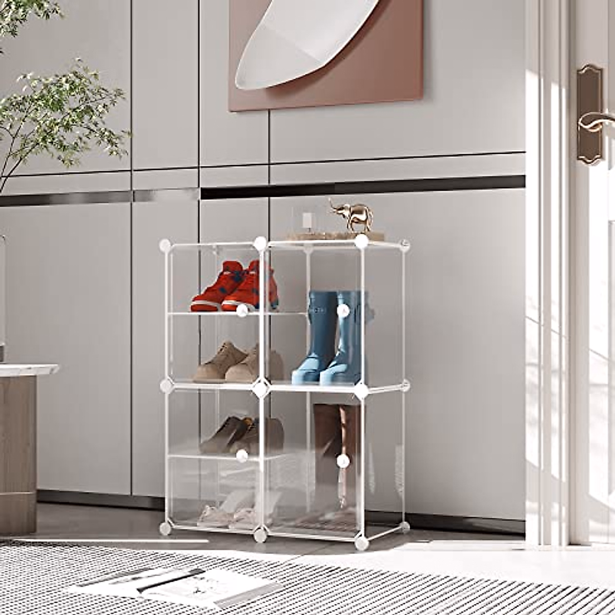Clear Closet Organizer, 8-Cube Plastic Storage Shelves Cabinet with Handle/Square Metal Grid Shelving/Hammer,Multi-functional Storage Bins for Home, Closet, Bedroom, Office (11.8x23.7x31.5 inch)