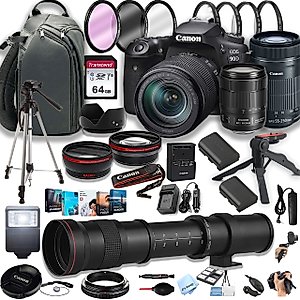 Canon EOS 90D DSLR Camera w/EF-S 18-135mm USM Zoom Lens + 55-250mm STM Lens + 420-800mm Super Telephoto Lens + 64GB Memory Cards, Professional Photo Bundle 44pc Bundle (Renewed)