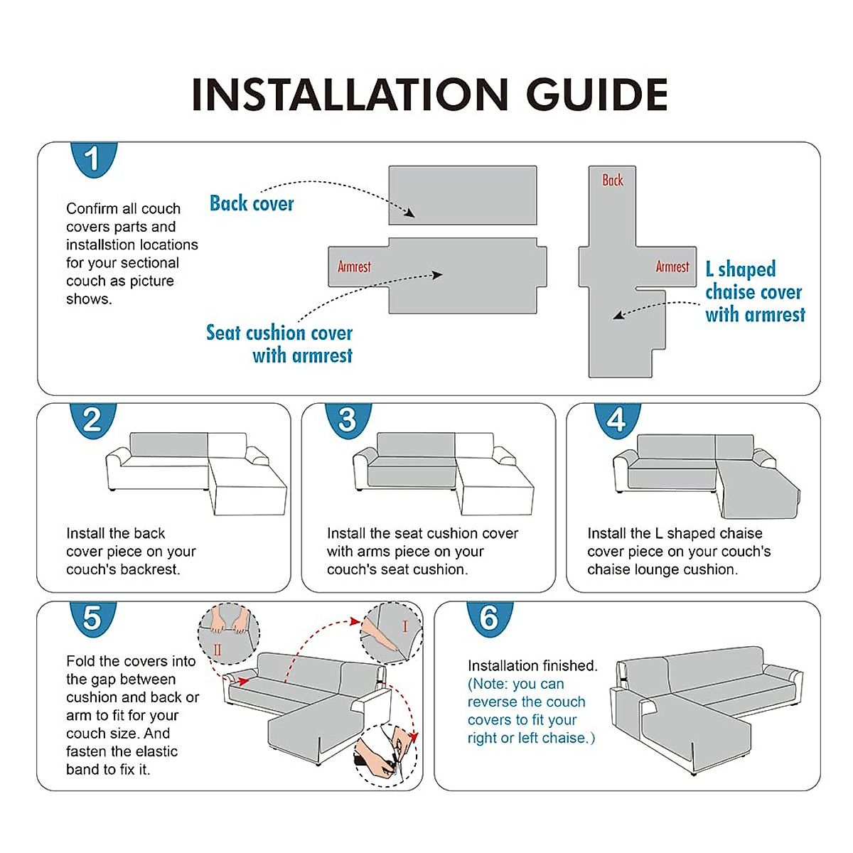 Genina Sectional Couch Covers for Dogs L Shaped Sofa Covers Chaise Lounge Cover Reversible Couch Covers for Sectional Sofa L Shape Furniture Protectors Cover for Pets, Kids (Dark Gray, Small)