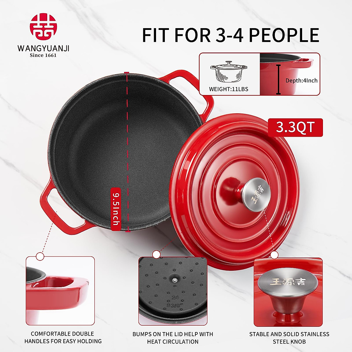 WANGYUANJI Enameled Dutch Oven Pot with Lid,3.2 Quarts Enamel Cast Iron Cookware Pot,Heavy-Duty Casserole with Dual Handle,Round Dutch Ovens for Braising and Bread Baking,Red