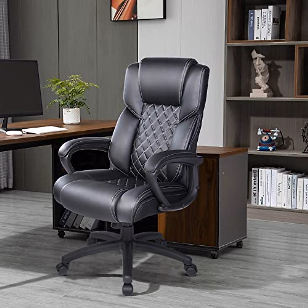 BOWTHY Executive Massage Office Chair with Heated,45°Reclining Ergonomic Office Chair with Footrest,High Back Computer Desk Chair with Wheels,Diamond-Stitched Cushion Leather Office Chair (Grey