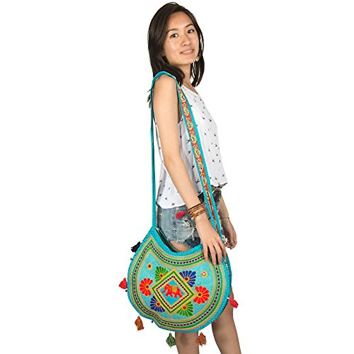 Tribe Azure Fair Trade Hippie Sling Handmade Crossbody Bag Boho Chic Patchwork Embroidered Shoulder Purse Gypsy Blue