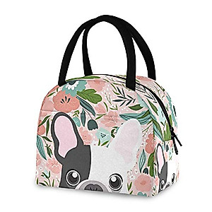 YiGee French Bulldog Floral Dog Lunch Bag Tote Bag, Insulated Organizer Zippered Lunch Box Lunchbox Lunch Container Handbag for Women Men Home Office Picnic Beach Use