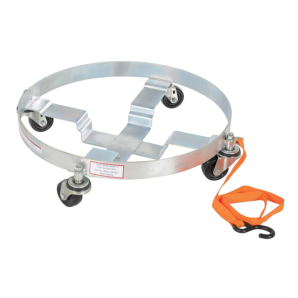 Vestil DRUM-QUAD-H Multi-Purpose Drum Quad Dolly, Bright Zinc Finish, 900 lbs Capacity