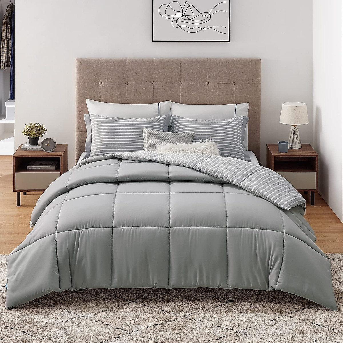 Bedsure Queen Size Comforter Set - Percale Stripes Down Alternative Grey Comforter Sets Box Stitching Gray Duvet Insert, All Season Bed Set with 2 Pillow Shams (Queen/Full, 88x88'', 3 Pieces)