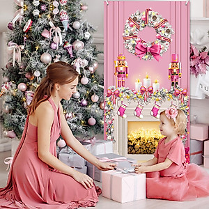 Buryeah Christmas Door Cover Decoration Christmas Fireplace Door Cover Xmas Nutcracker Banner Backdrop Photo Booth Prop Background for Holiday New Year Door Party Supplies 6.5 x 3 Feet (Pink Style)
