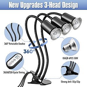 TFNN Reptile Heat Lamp, Three Head Reptile Light with Cycle Timer,UVA UVB light, dimmable Basking lamp for Tortoise, Bearded Dragon, Lizard, Snake, E26/27 Base with 4 Bulbs (50W)-Black