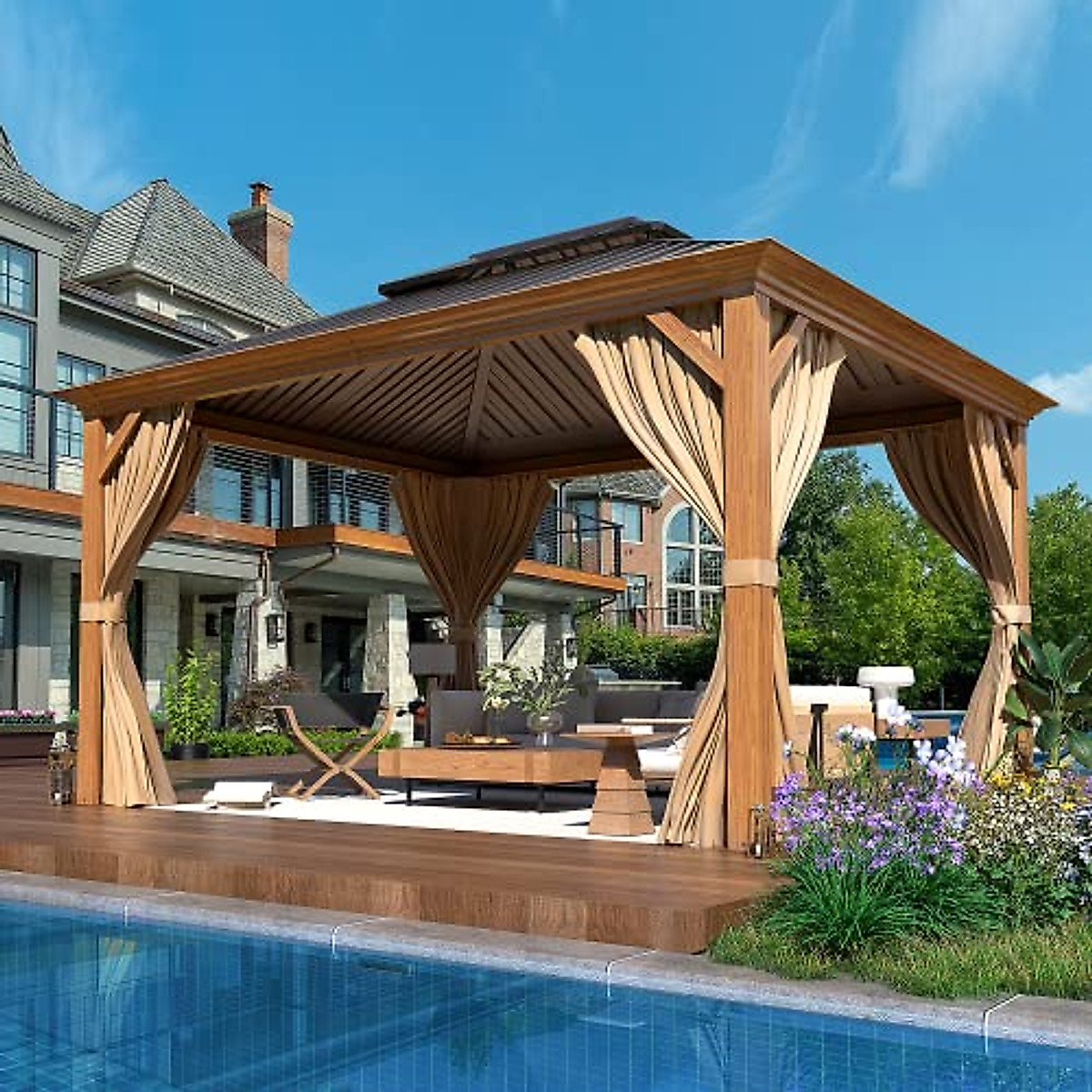 Erinnyees 10' X 12' Aluminum Wood Grain Hardtop Gazebo, Outdoor Aluminum Double Roof with Privacy Curtain and Mosquito Net for Patio, Garden, Lawn Deck (Wood Looking)