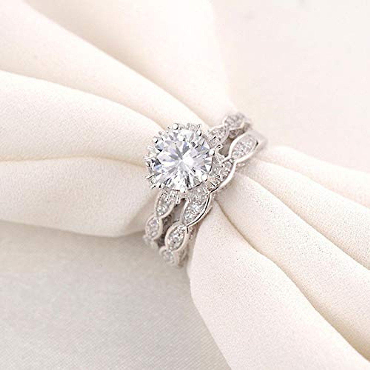 Gixaxak 18K White Gold Plated Wedding Ring Set Eternal Love Collection Anniversary Promise Rings Set Simulate Diamond Round Engagement Rings Set (9)