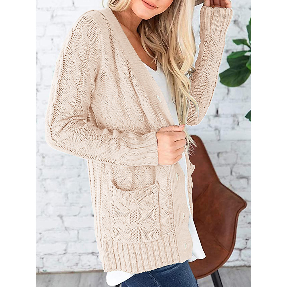 PRETTYGARDEN Women's Open Front Cardigan Sweaters Fashion Button Down Cable Knit Chunky Outwear Coats (Beige,Small)