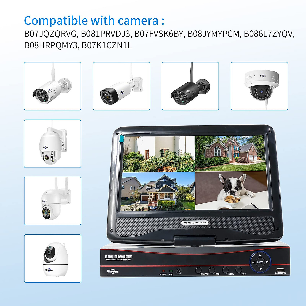 【No HDD/Power Adapter/Mouse】 10'' LCD Wireless WiFi NVR 8 Channels Network Video Recorder, Motion Detection Zones, 24/7 Record, Work with Hiseeu 1080P/3MP/5MP Eseecloud Wireless Camera