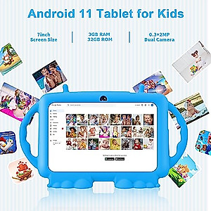 Relndoo Kids Tablet, 7 inch Android 11 Tablet for Kids, 3GB RAM 32GB ROM, Toddler Tablet with Bluetooth, WiFi, Parental Control, Dual Camera, GMS, Shockproof Case, Kids App Pre-Installed