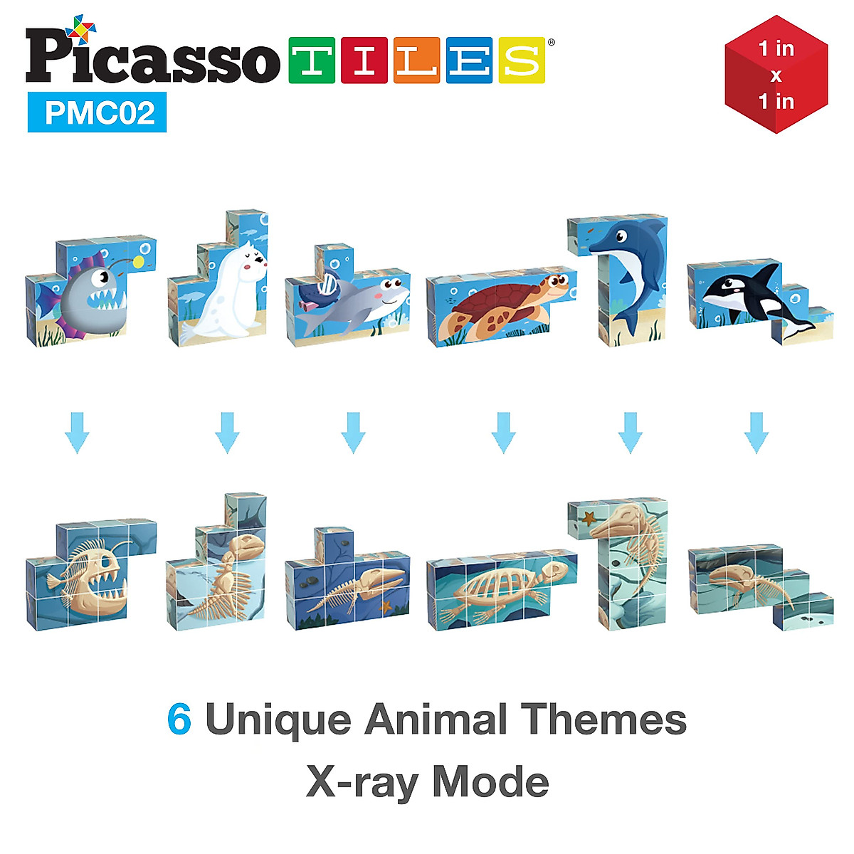 PicassoTiles 1” Magnetic Puzzle Cubes for Kids, 3D Sea Ocean Animal 63pcs Exploration Blocks, Kids Focus Learning & Stacking Toys, STEM Educational Preschool Toddler Classroom Activity, Boys Girls