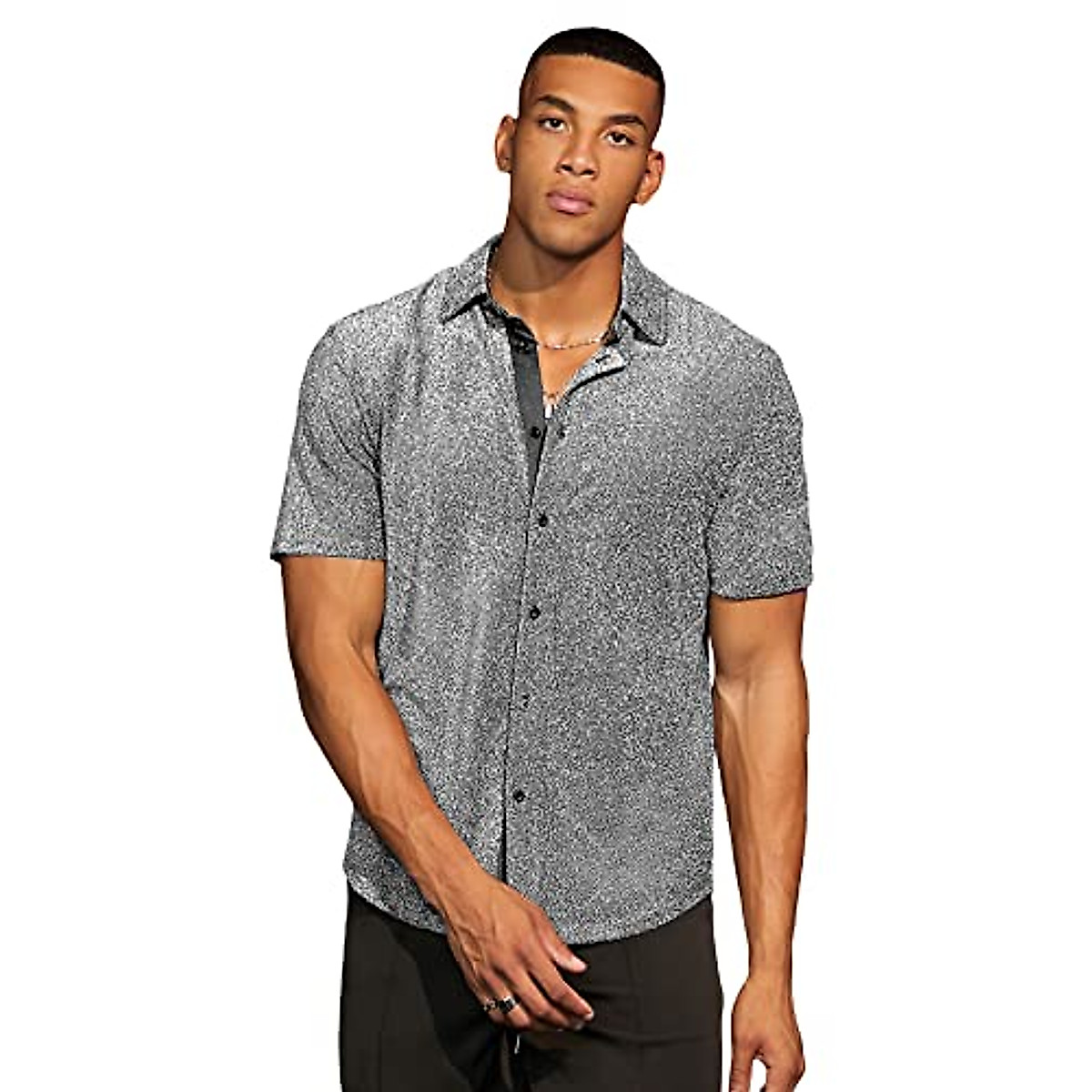 WDIRARA Men's Button Front Short Sleeve Collar Glitter Shirt Metallic Party Club Tops Pure Silver M