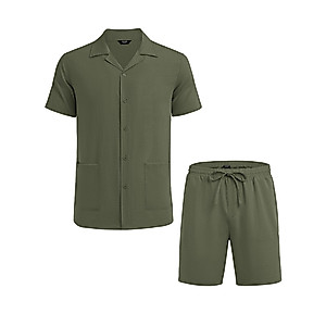 COOFANDY Men's Linen Beach Shirts Casual Hippie Holiday T-Shirts Shorts Outfits Button Down Hawaiian Outfits 2 Piece