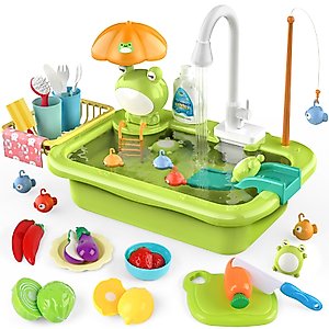 Dreamon Play Sink Toy with Running Water, Kids Play Kitchen Accessories with Automatic Water Circulation, Pool Floating Fishing Game, Toddler Kitchen Playset for Boys and Girls