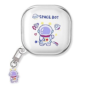 Cute Astronaut Case for Samsung Galaxy Buds 2 Cover (2021)/Buds Pro Case(2021)/Buds Live Case(2020) with Funny Spacemen Keychain for Men Girls Kids,Clear Shockproof Protective Soft Silicone Cover