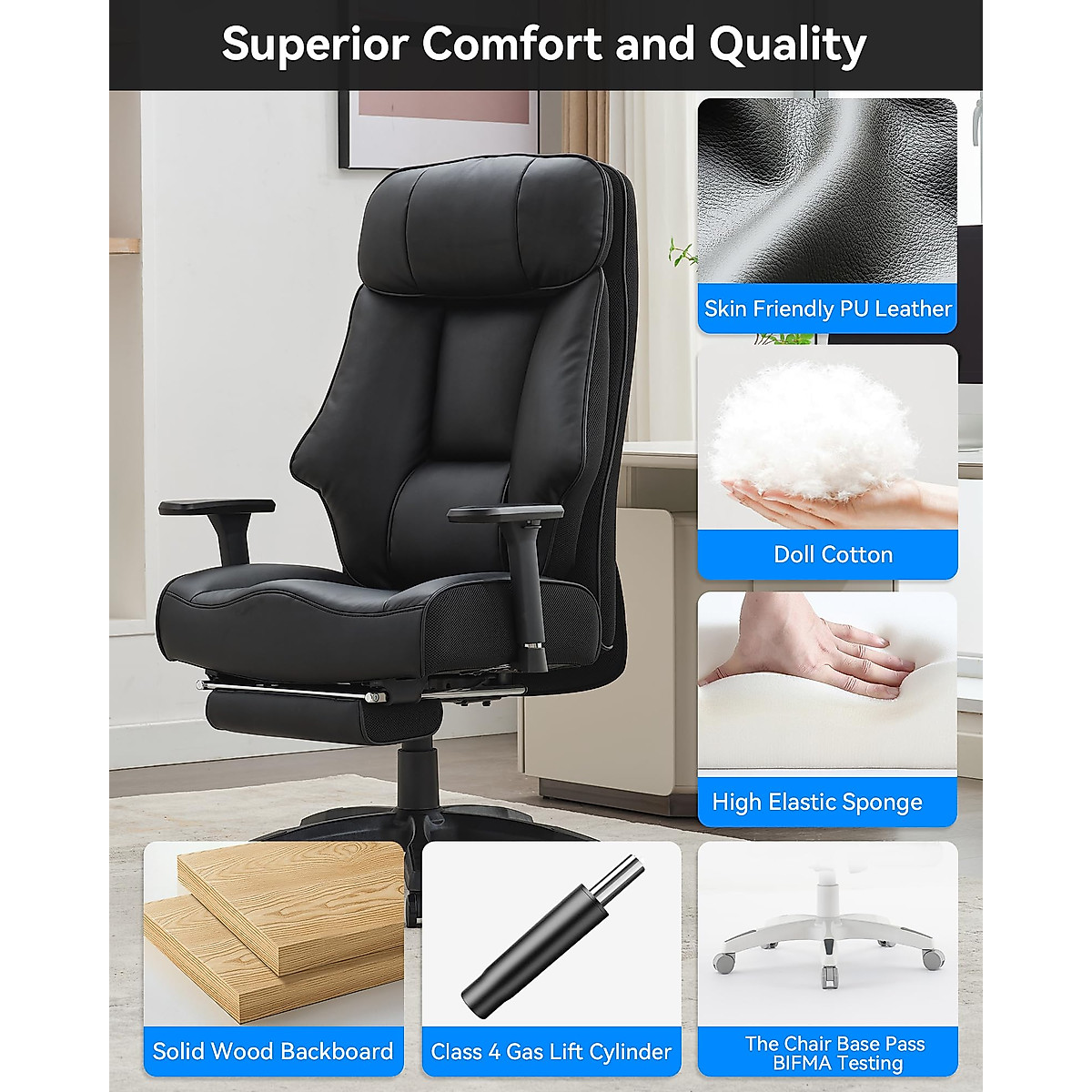 DJ·Wang Big and Tall Office Chair 400lbs, Executive Office Chair with Foot Rest, High Back Office Chair with Back Support, Oversized Office Chair for Heavy People, Leather Office Chair Black