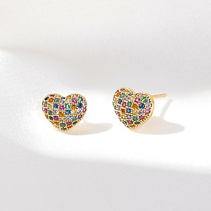 ATSOURCE Pave Stud Earrings Heart - Heart Shaped Stud Full of 45Pcs Multicolor Crystal - Gift for Sisters, Lover (Gold-Multicolor)